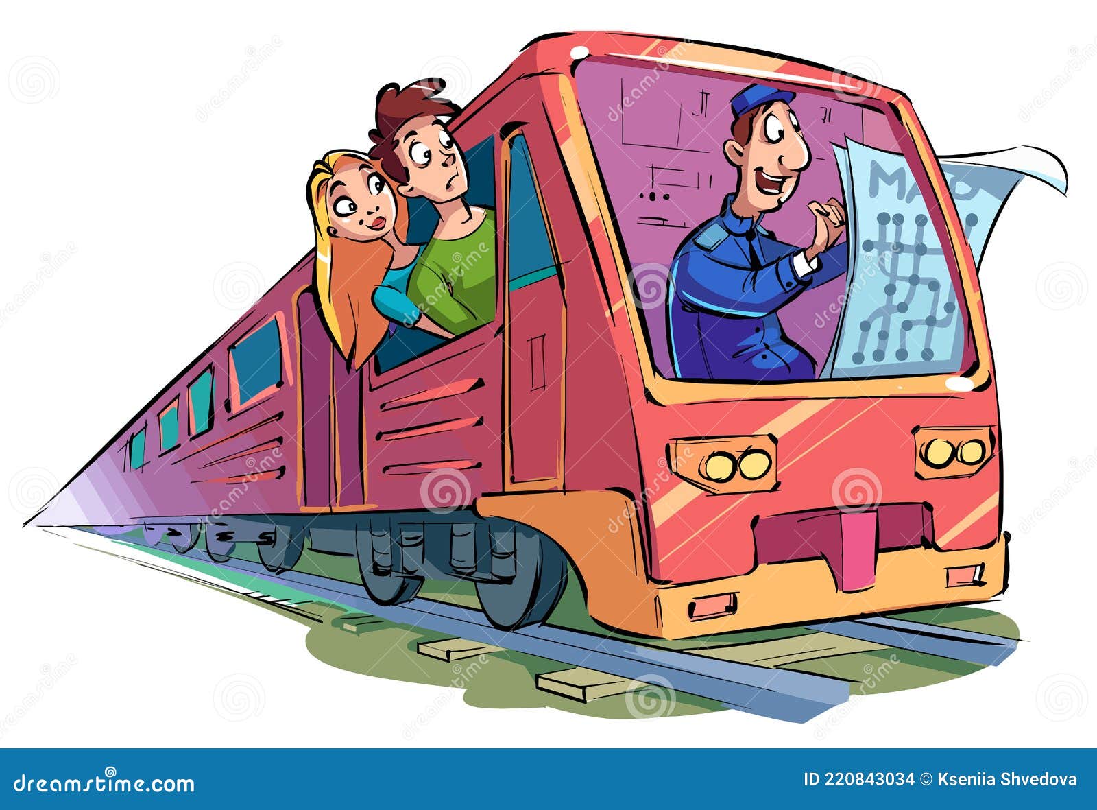 Funny Cartoon Train Driver Sits In The Cab Of The Train And Looks At ...