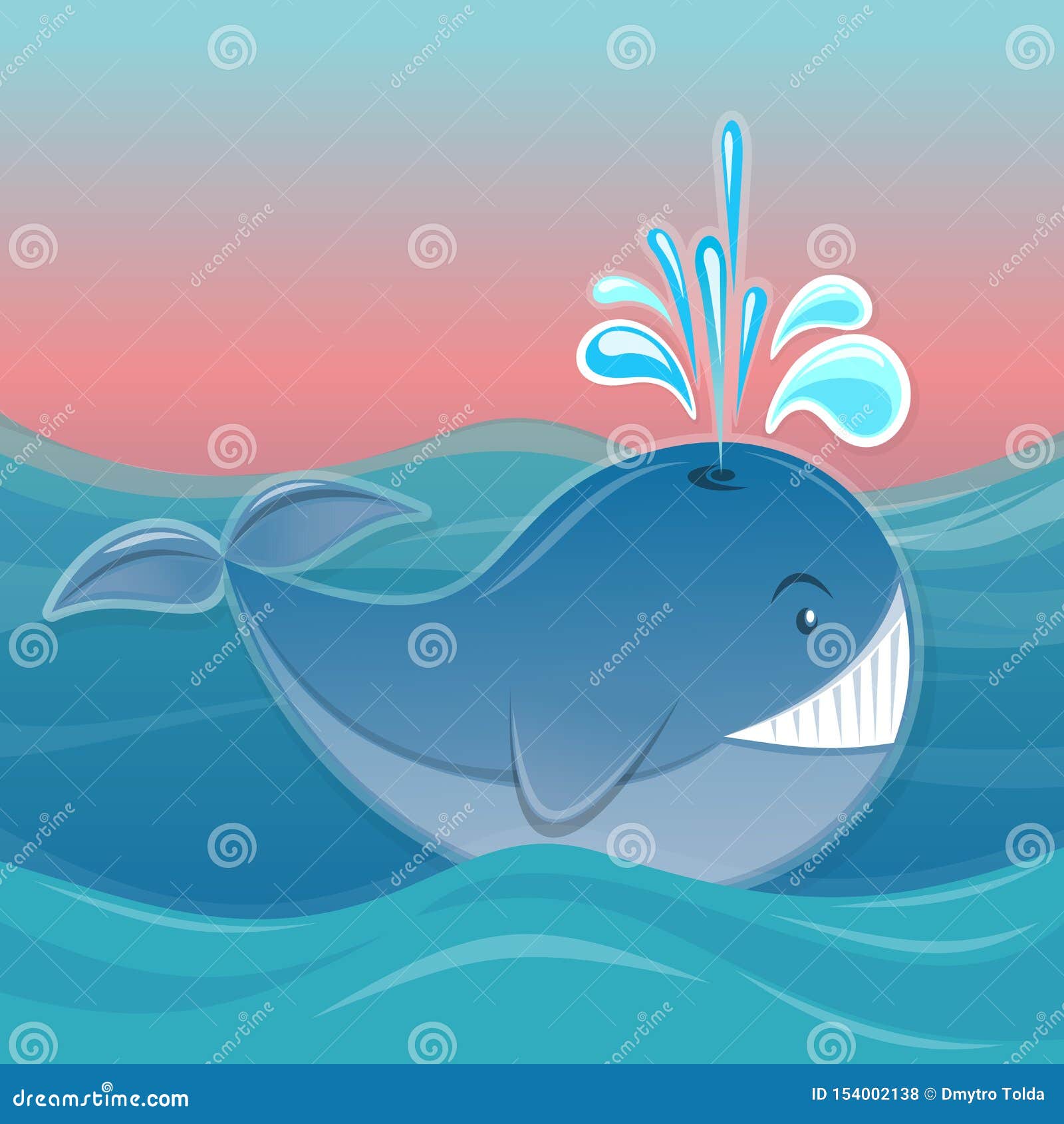 Funny Cartoon Whale Splashing in the Ocean Waves Stock Vector ...
