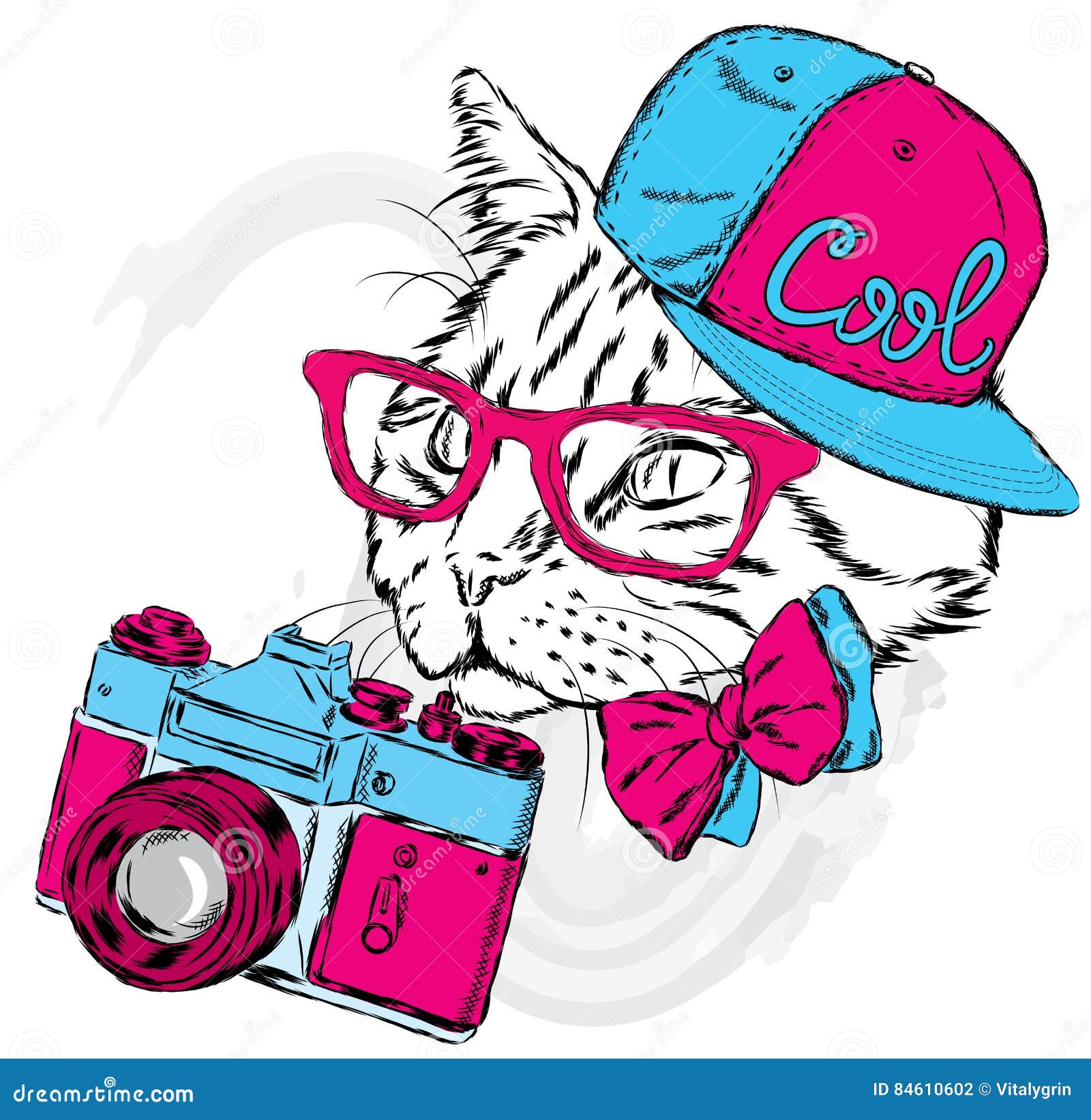 Funny Cat In A Cap And With A Camera. Vector Illustration. Print For ...