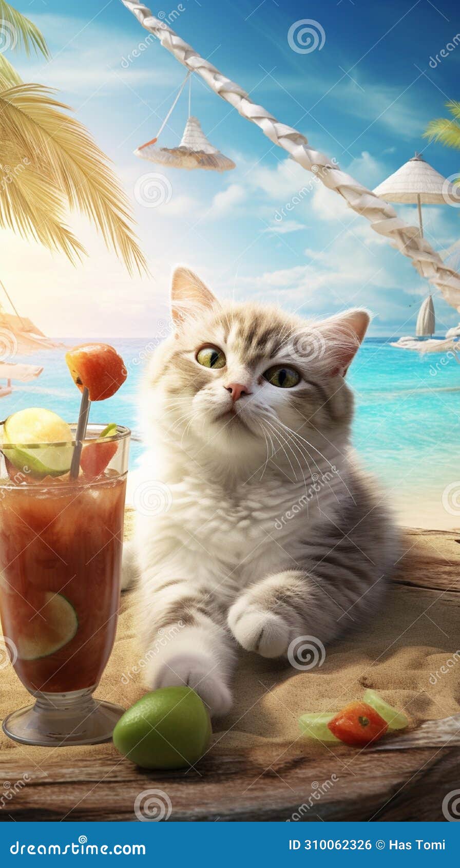 Funny Cat with Cocktail on the Beach. Summer Vacation Concept Stock ...