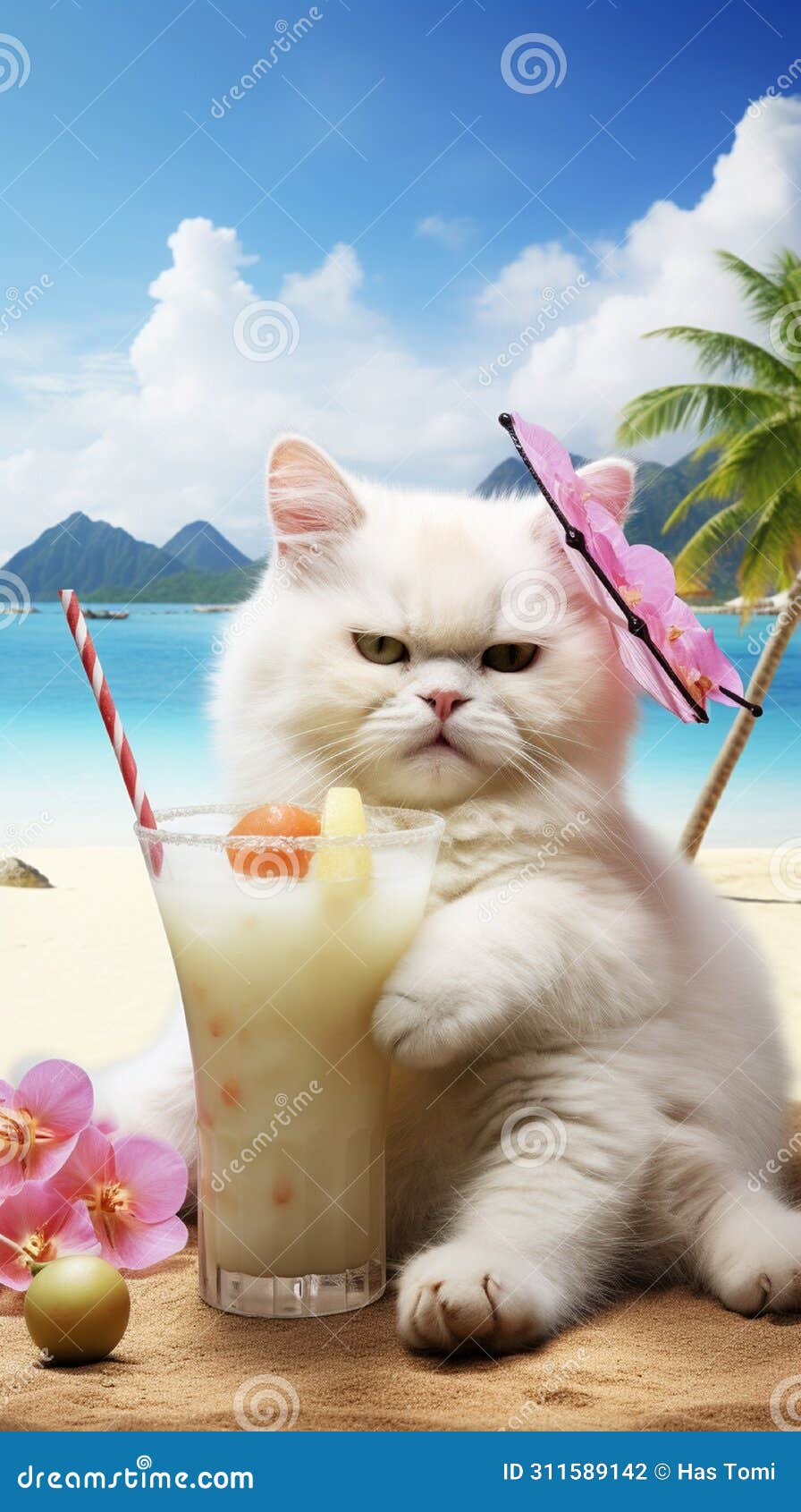 Funny Cat with Cocktail on the Beach. Summer Vacation Concept Stock ...