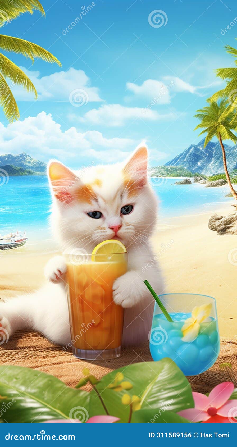 Funny Cat with Cocktail on the Beach. Summer Vacation Concept Stock ...