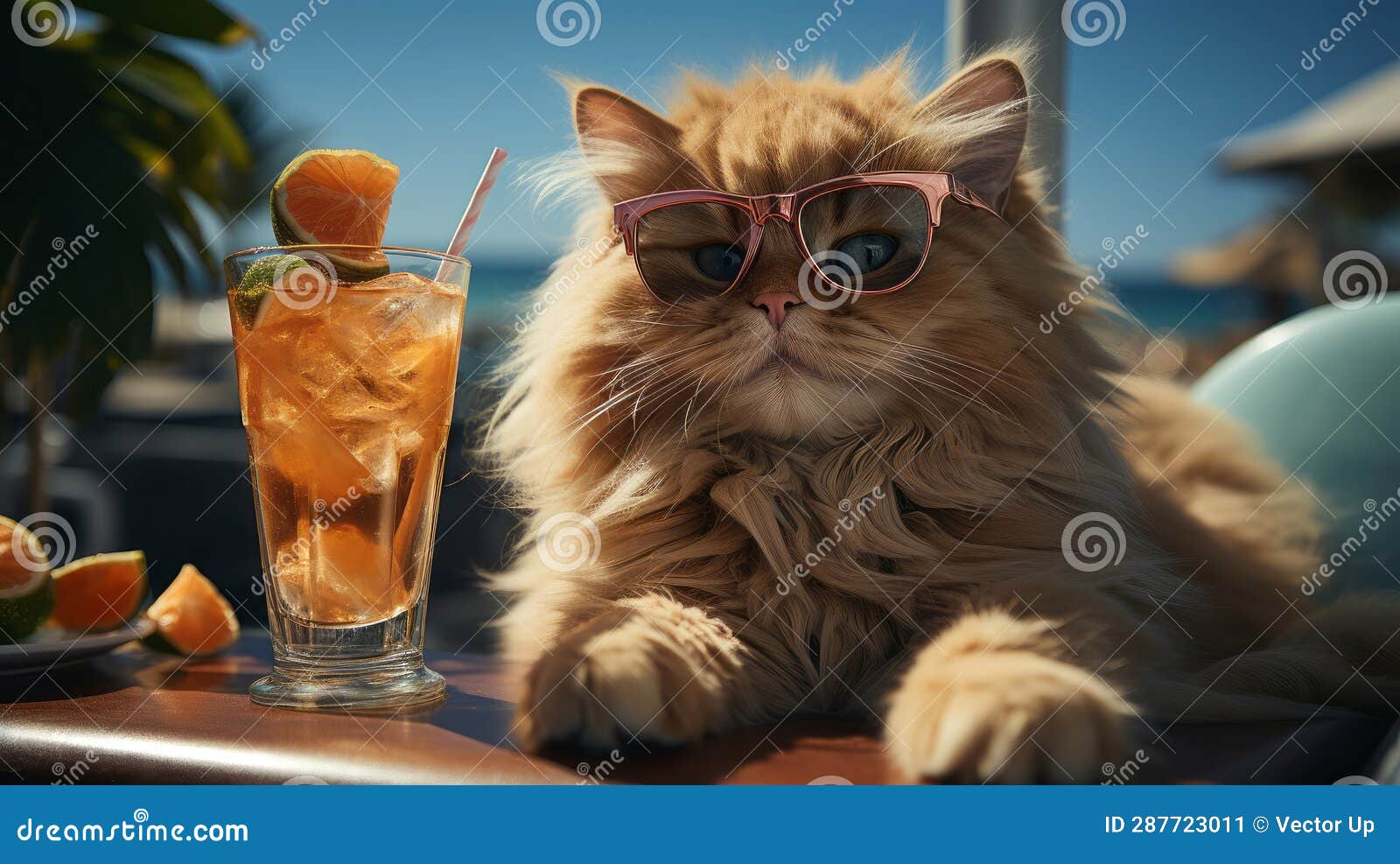 Funny Cat with Cocktail Drink at Beach. Generative AI. Stock ...