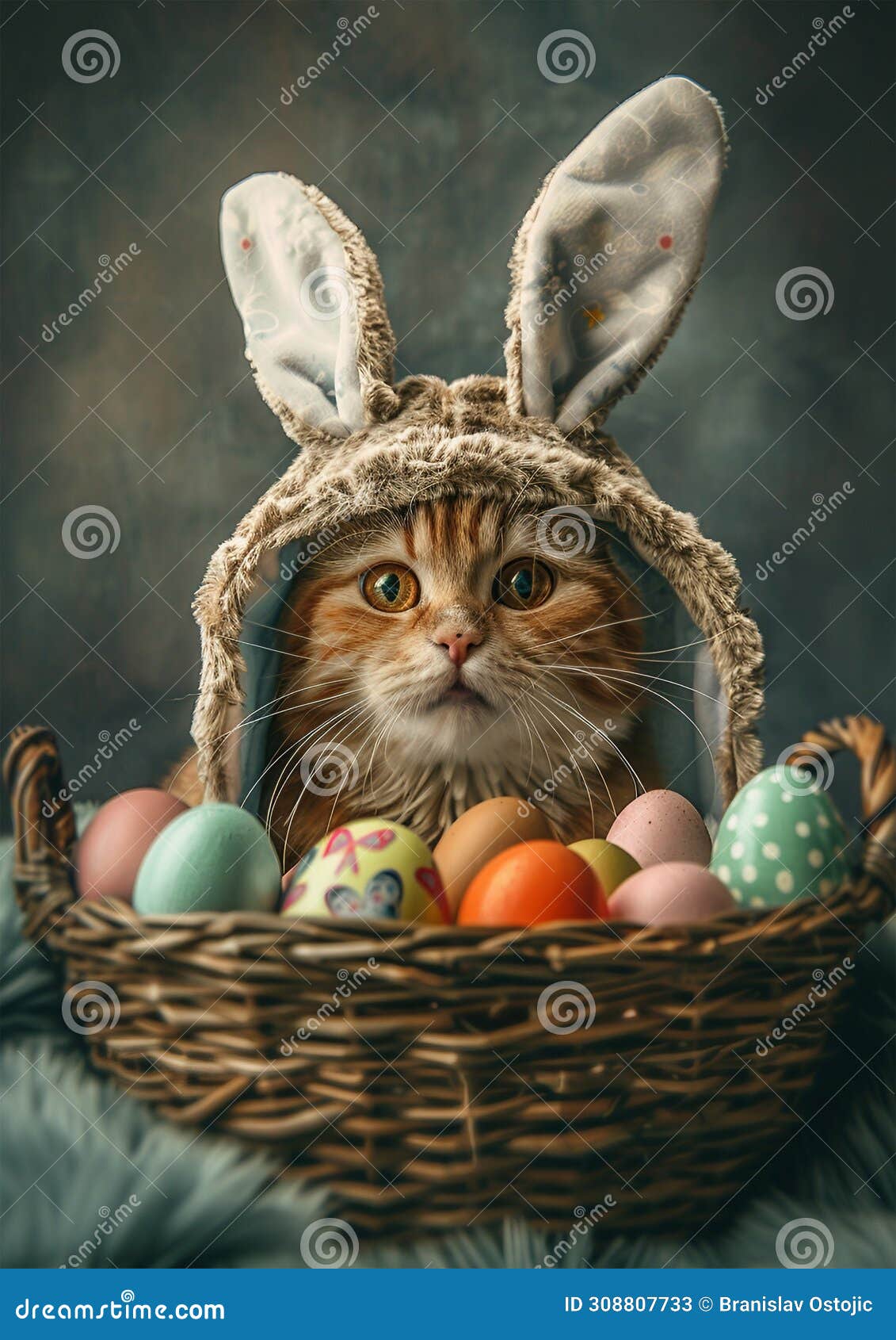 Funny Cat in Easter Bunny Costume with a Basket Full of Easter Eggs ...