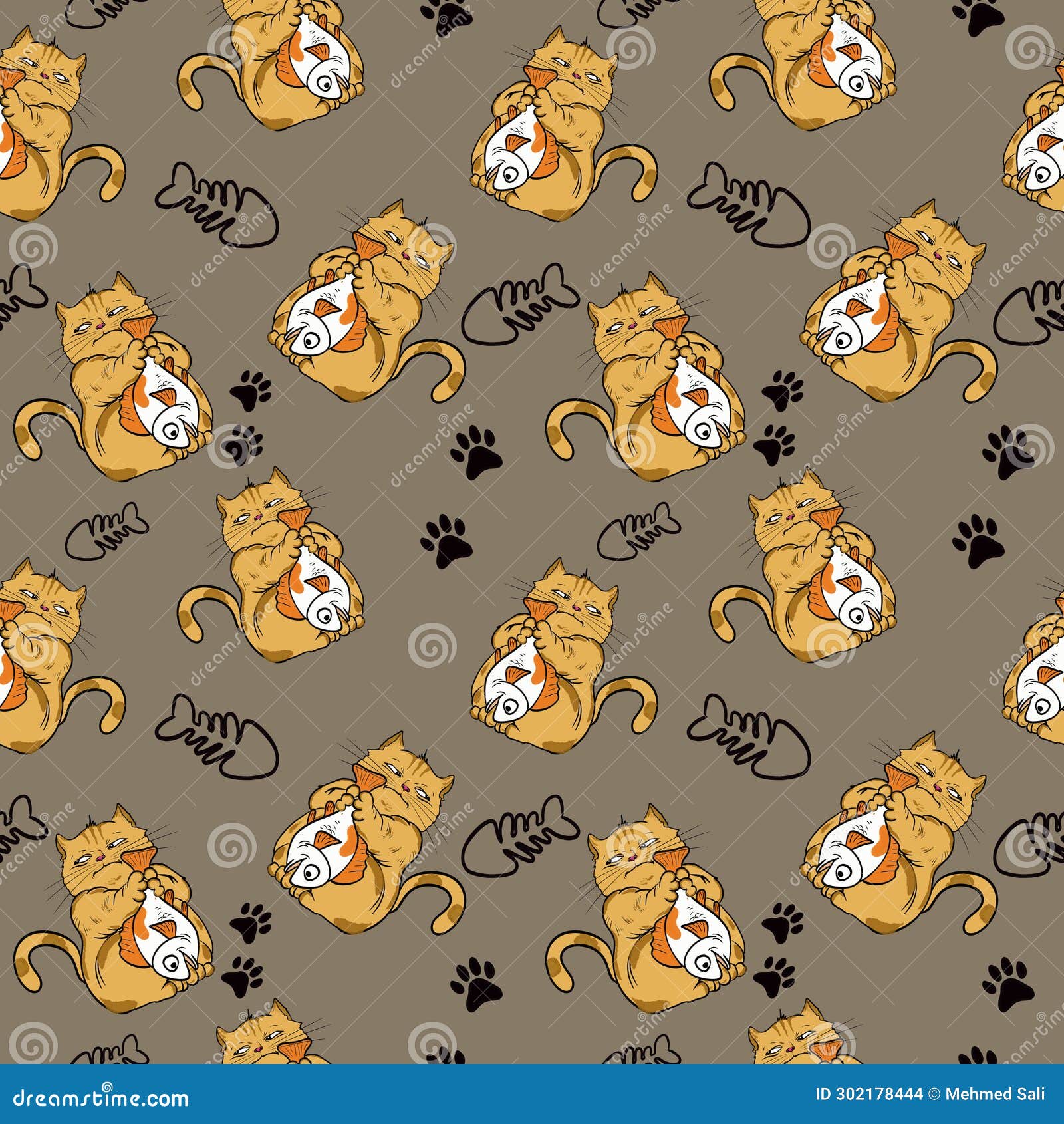 Funny Cat with Fish Pattern Design Stock Illustration - Illustration of ...