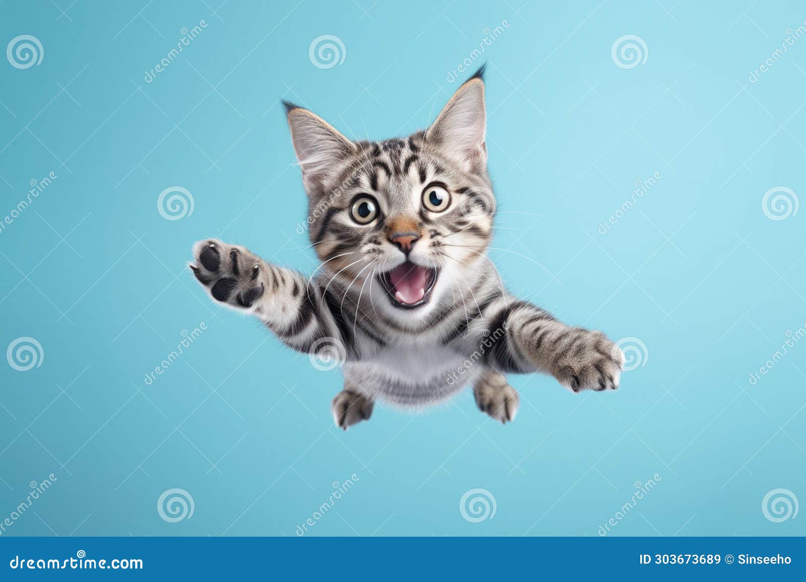 Funny Cat Flying or Jumping, Isolated on Blue Background Stock ...