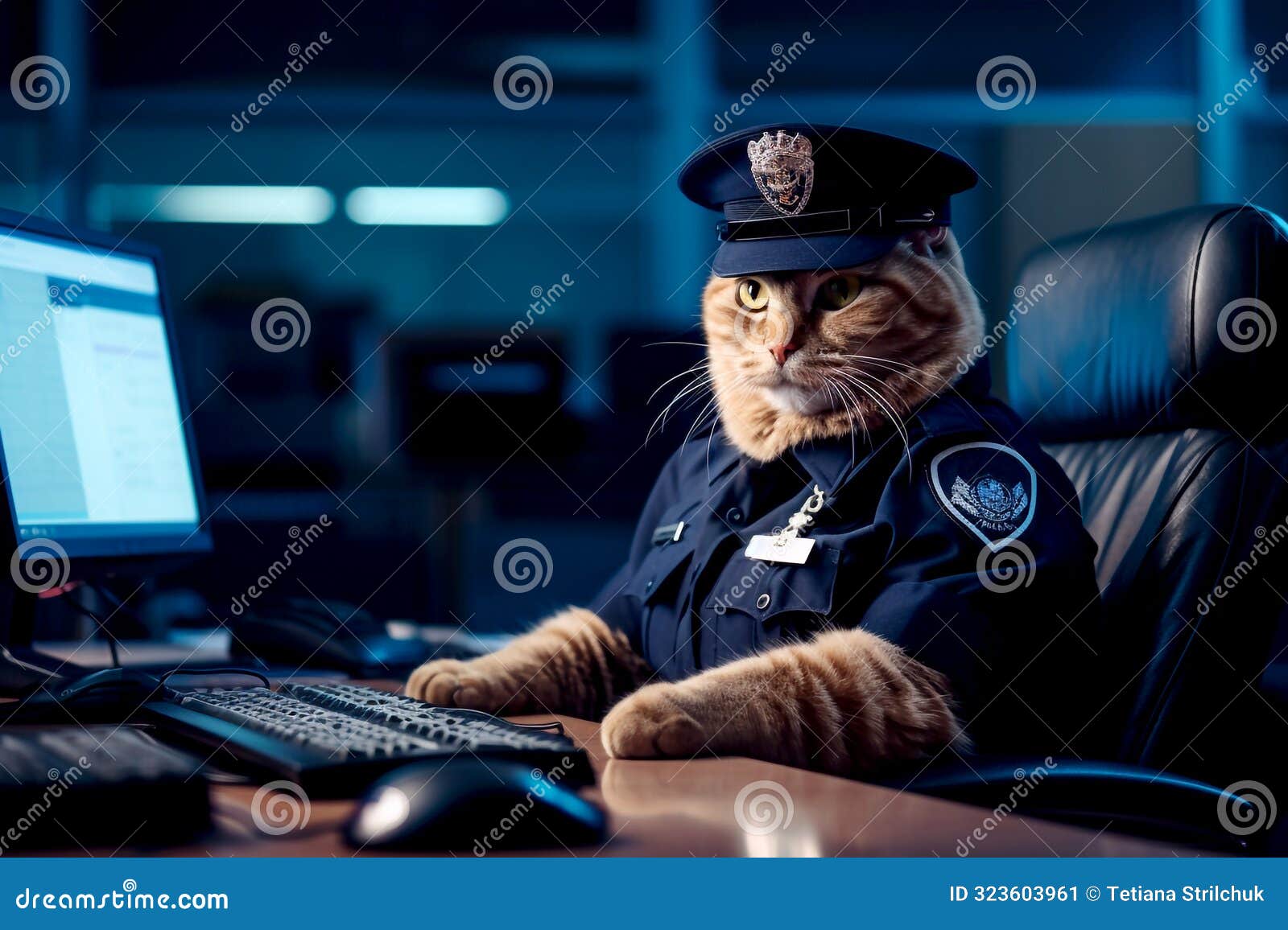 Funny Cat Officer Using a Computer for Police Work Tasks. Cat Dressed ...