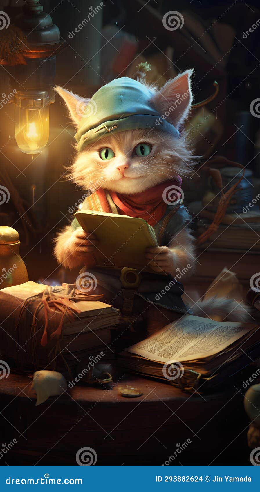 Funny Cat Reading a Book in the Library. Fairy Tale Stock Photo - Image ...