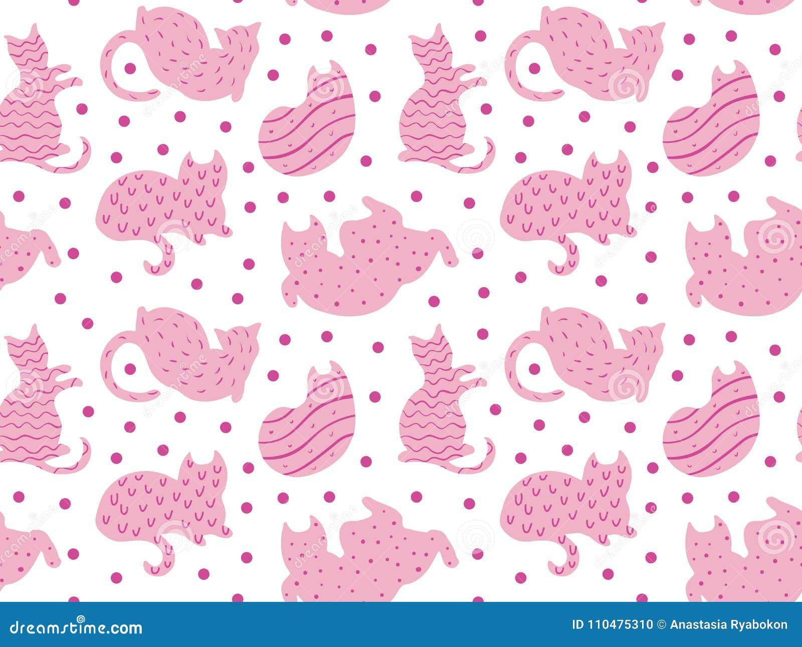 Funny Cats Pattern Pink on White with Gold Dots Vector Stock Vector ...
