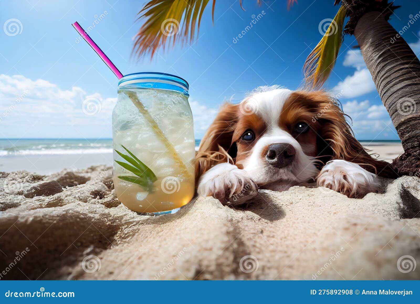 Funny Cavalier King Charles Spaniel Dog Posing on a Beach with Cocktail ...