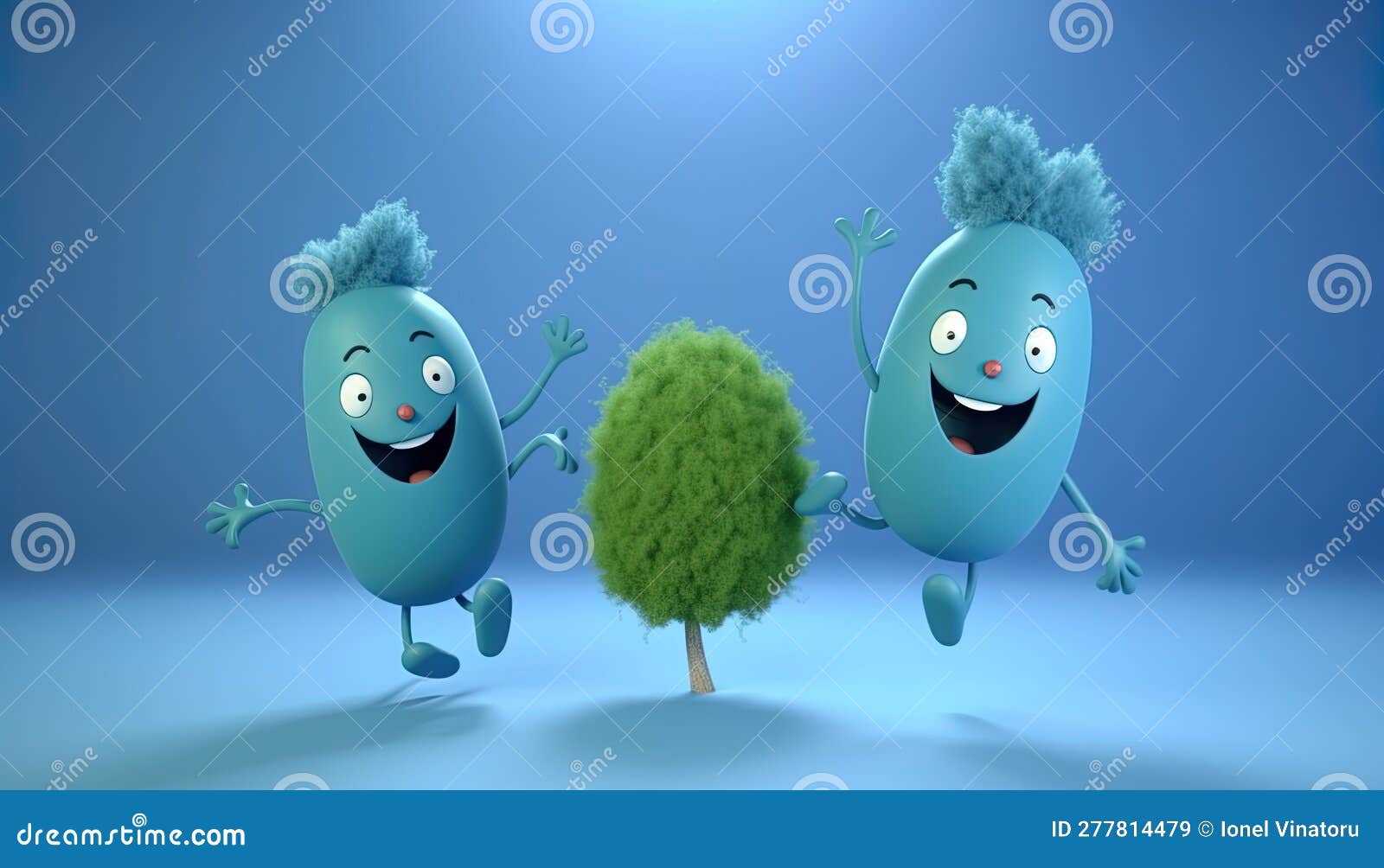Funny Characters with Green Tree and Blue Gradient Background for Eco ...