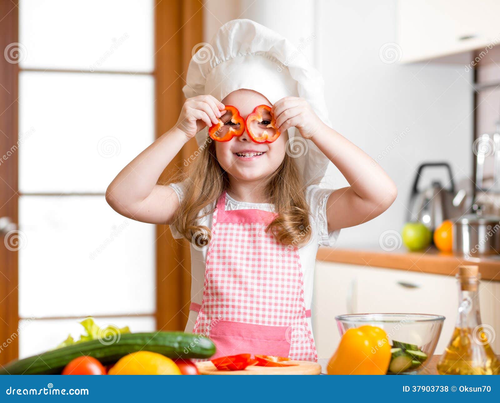 Funny Chef Girl Cook at Kitchen Stock Photo - Image of hardboard ...