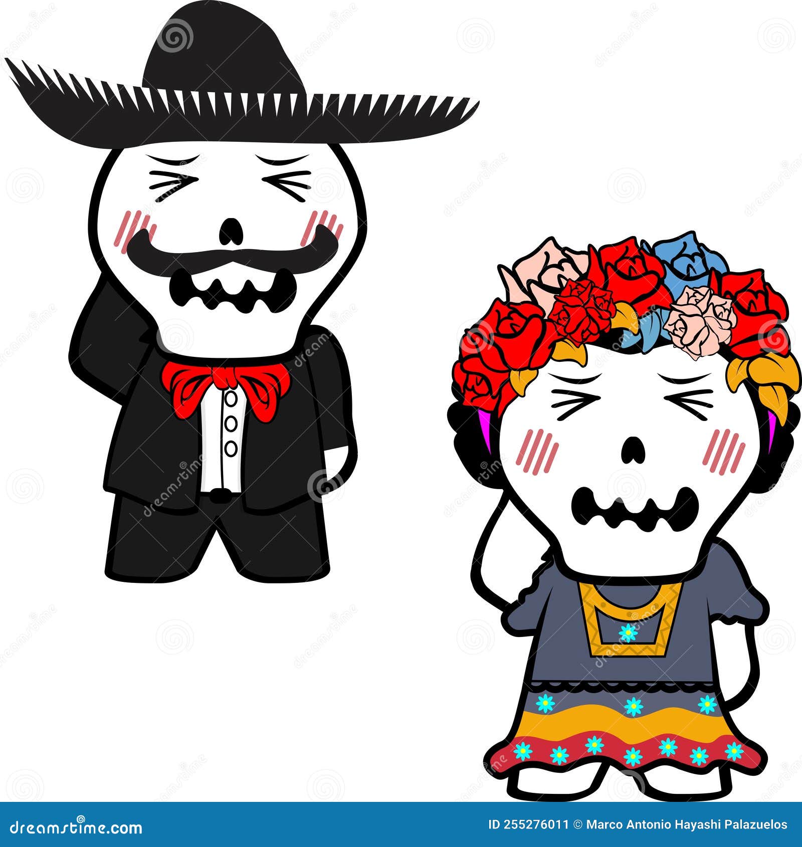 Funny Chibi Mexican Kid Skull Cartoon Couple Set Stock Vector ...