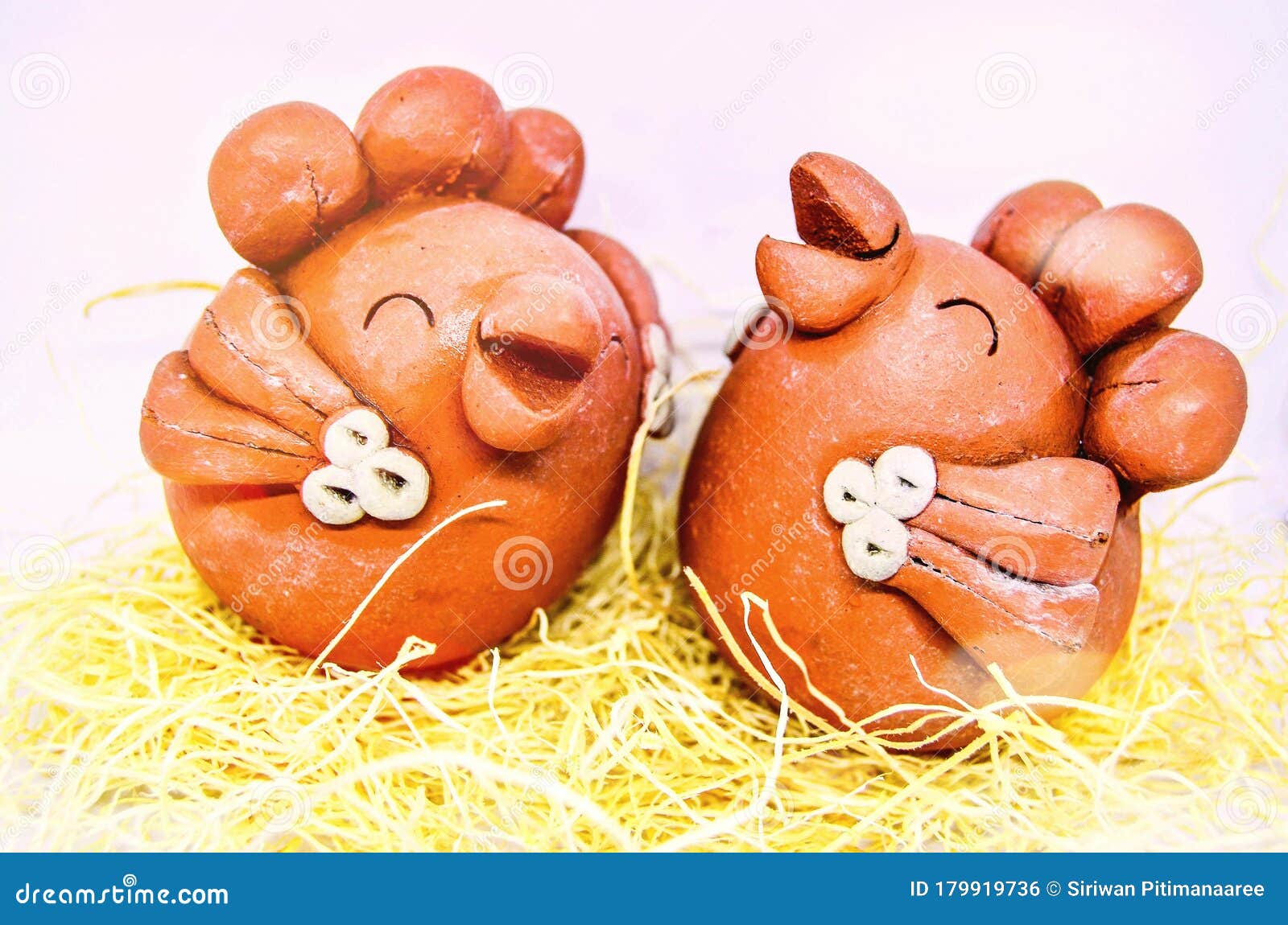 Funny Chicken Clay Pottery on Dry Grass and White Background Stock ...