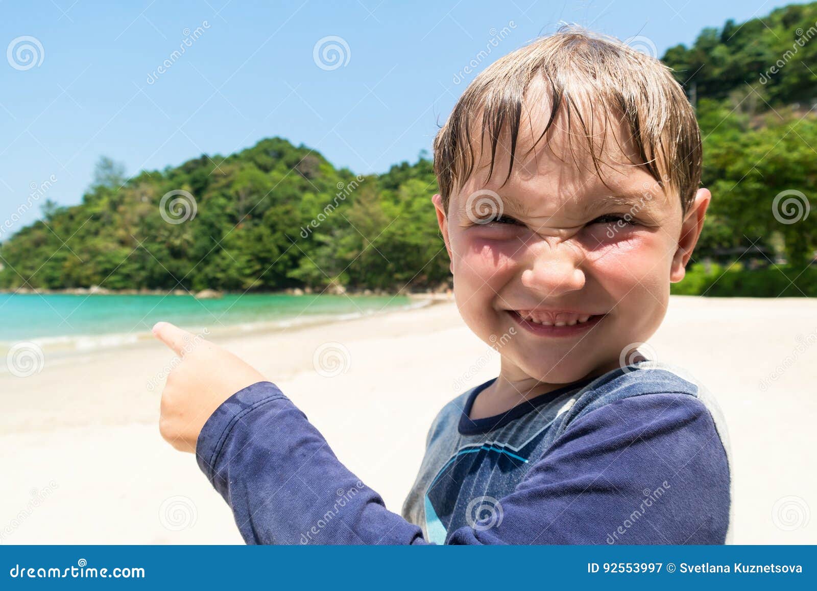 Funny child on the beach stock image. Image of blue, laughing - 92553997