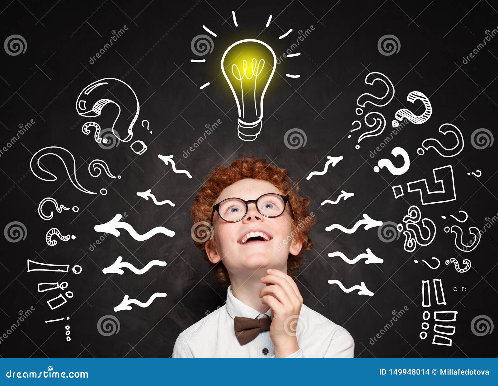 Funny Child Boy Student with Lightbulb. Brainstorming and Idea Concept ...