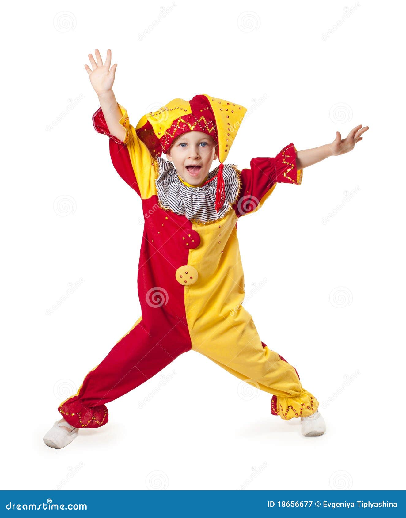 Child Clown Holds A Blank Poster In The Form Of A Cloud For Advertising ...