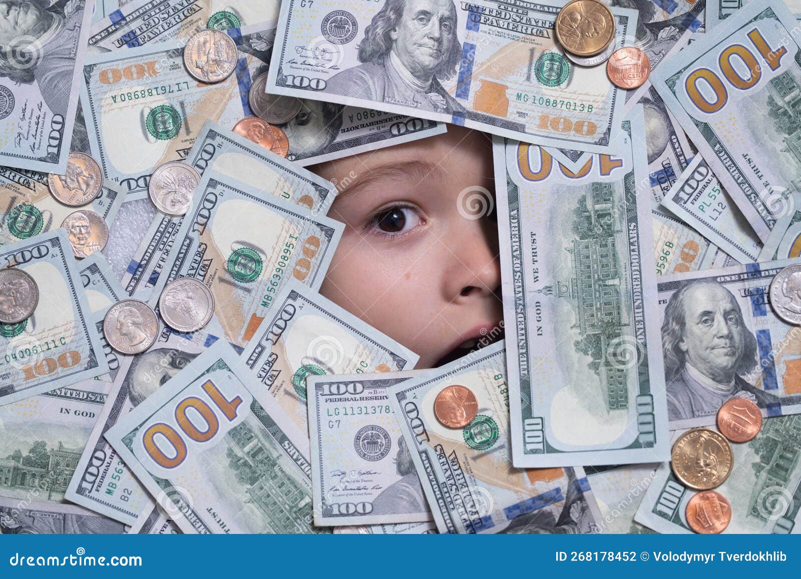 Funny Child Face in Money Dollars Banknotes Background. Stock Photo ...