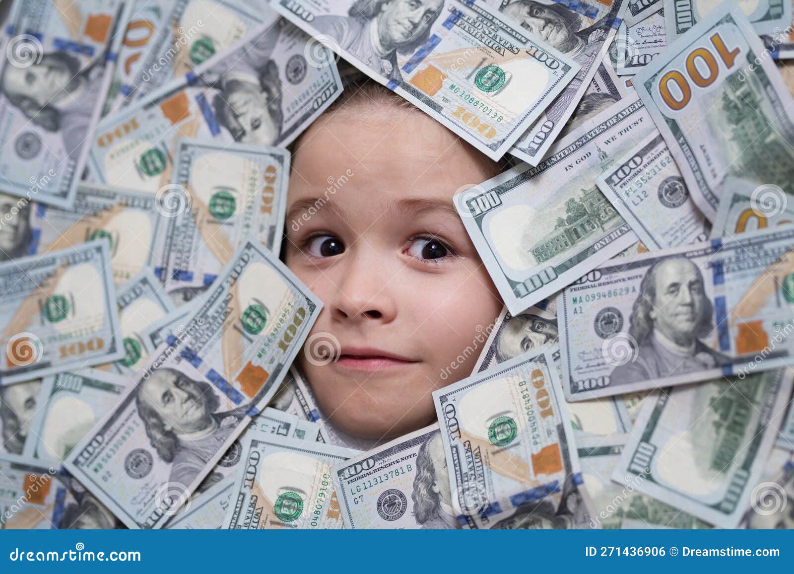 Funny Child Face in Money Dollars Banknotes Background. Stock Photo ...