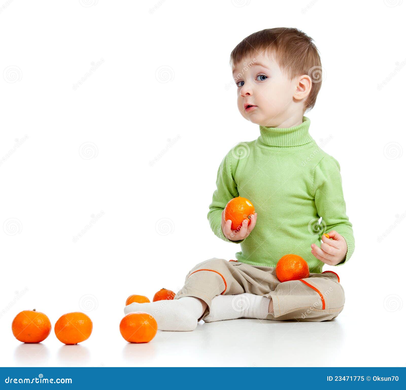 Funny Child with Fruits Over White Stock Image - Image of blond, happy ...
