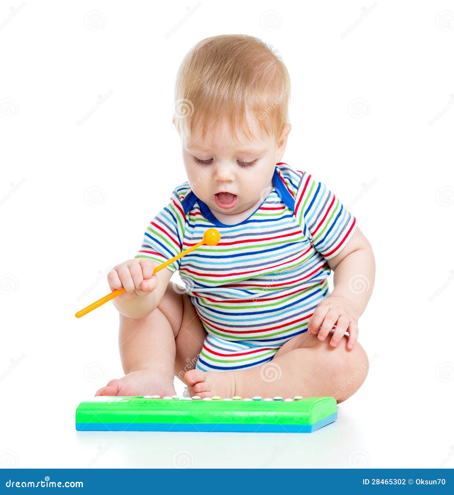 Funny Child Playing with Musical Toys on White Backgr Stock Photo ...