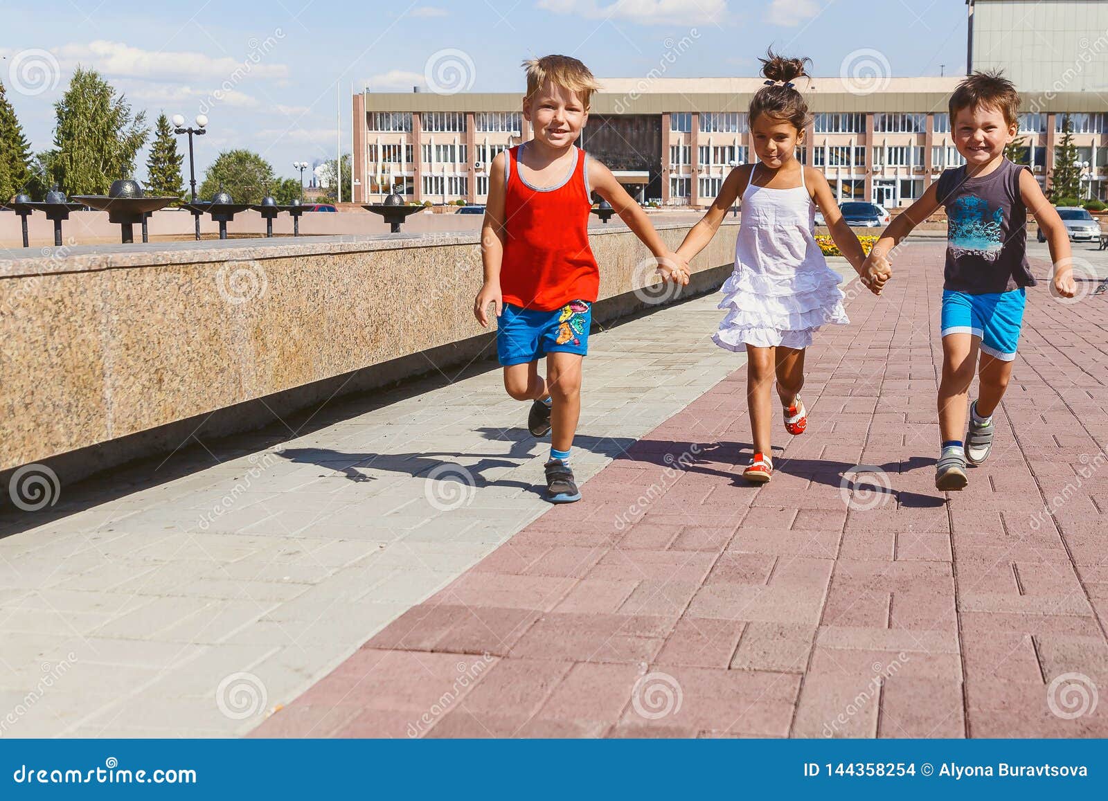 Funny Children Running Holding Hands in Summer Stock Photo - Image of ...