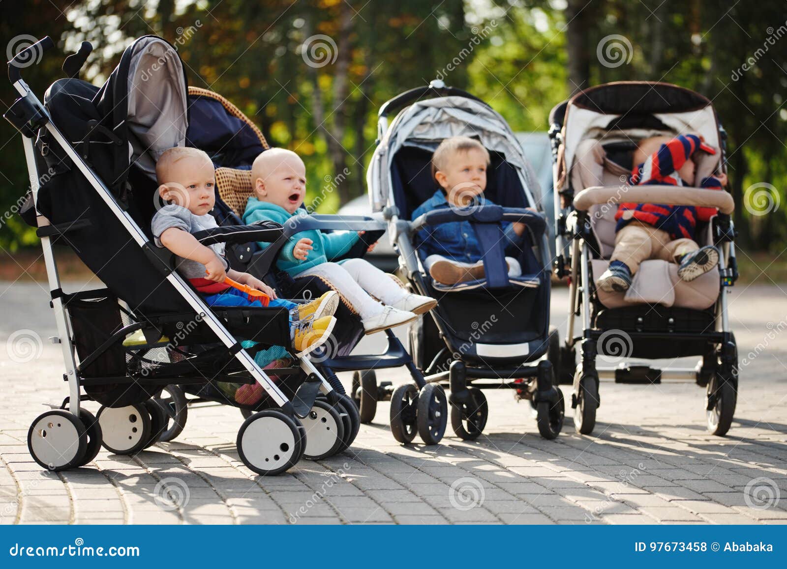 Funny Children Sitting in Strollers in Park Stock Photo - Image of kids ...