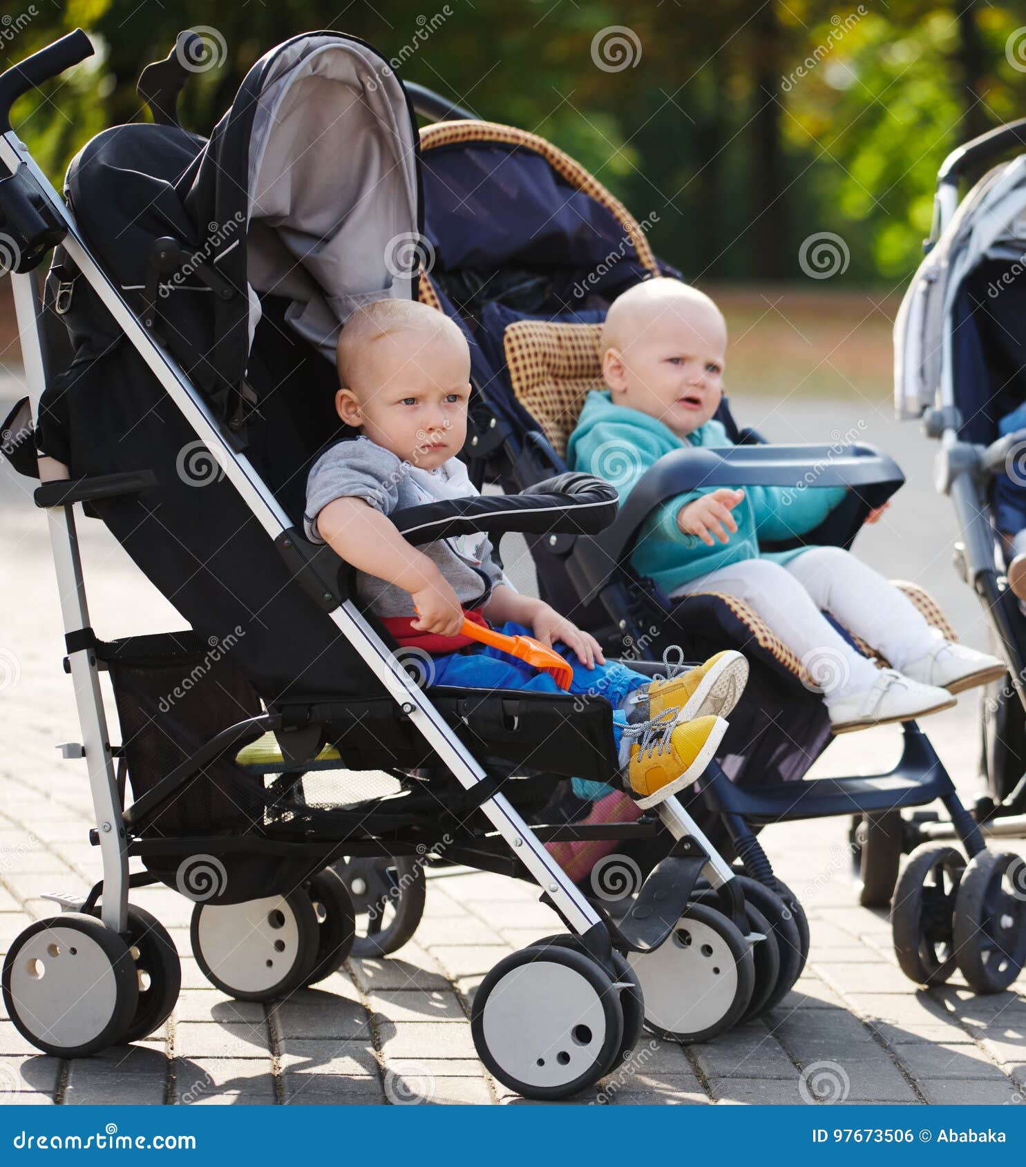 Funny Children Sitting in Strollers in Park Stock Photo - Image of ...