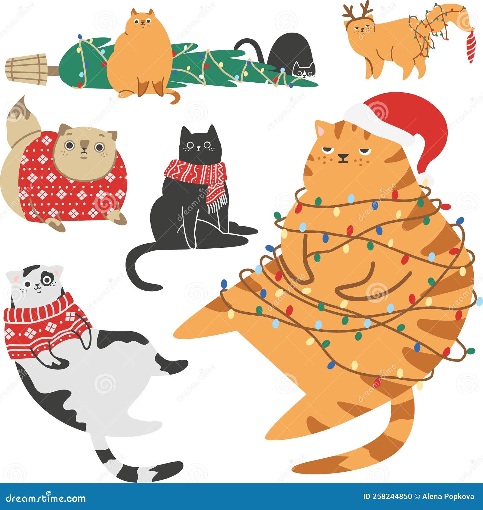 Cats Tangled Christmas Lights In Christmas Costume Cartoon Vector ...