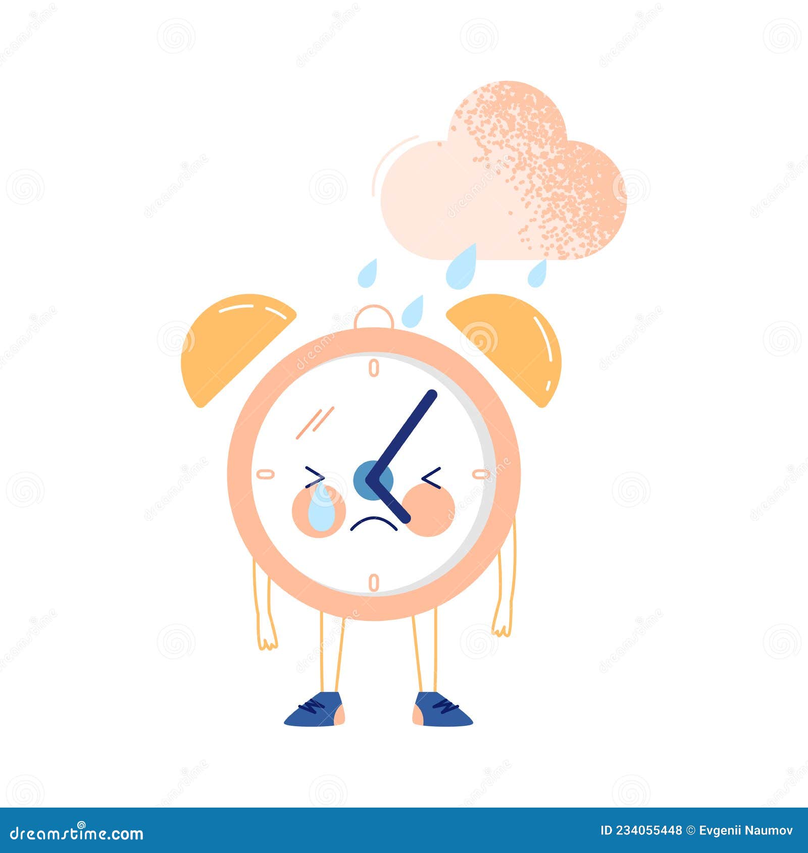 Funny Clock Character with Crying Face Standing Under Rainy Cloud ...