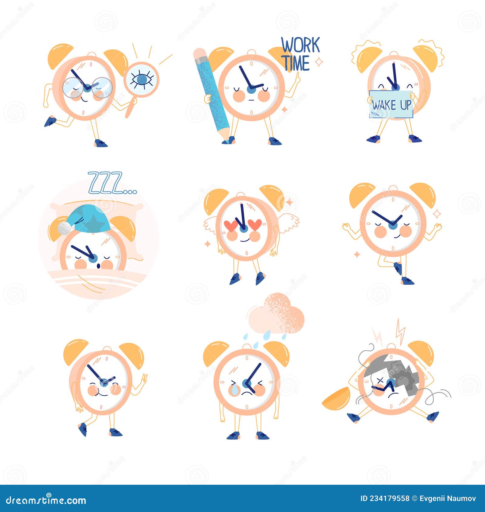 Funny Clock Character with Smiling Face Sleeping and Crying Vector Set ...