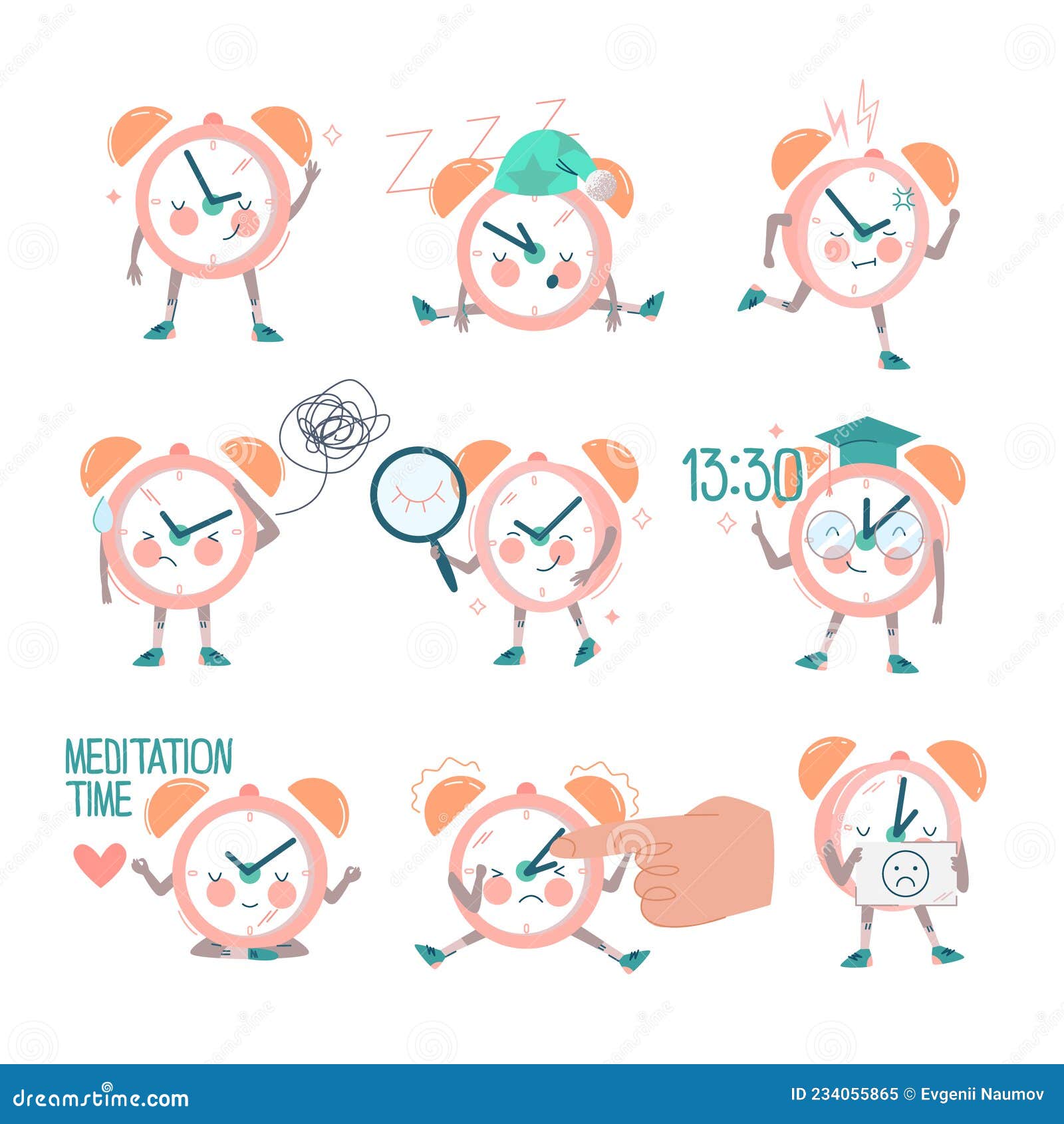 Funny Clock Character With Smiling Face Sleeping And Crying Vector Set ...