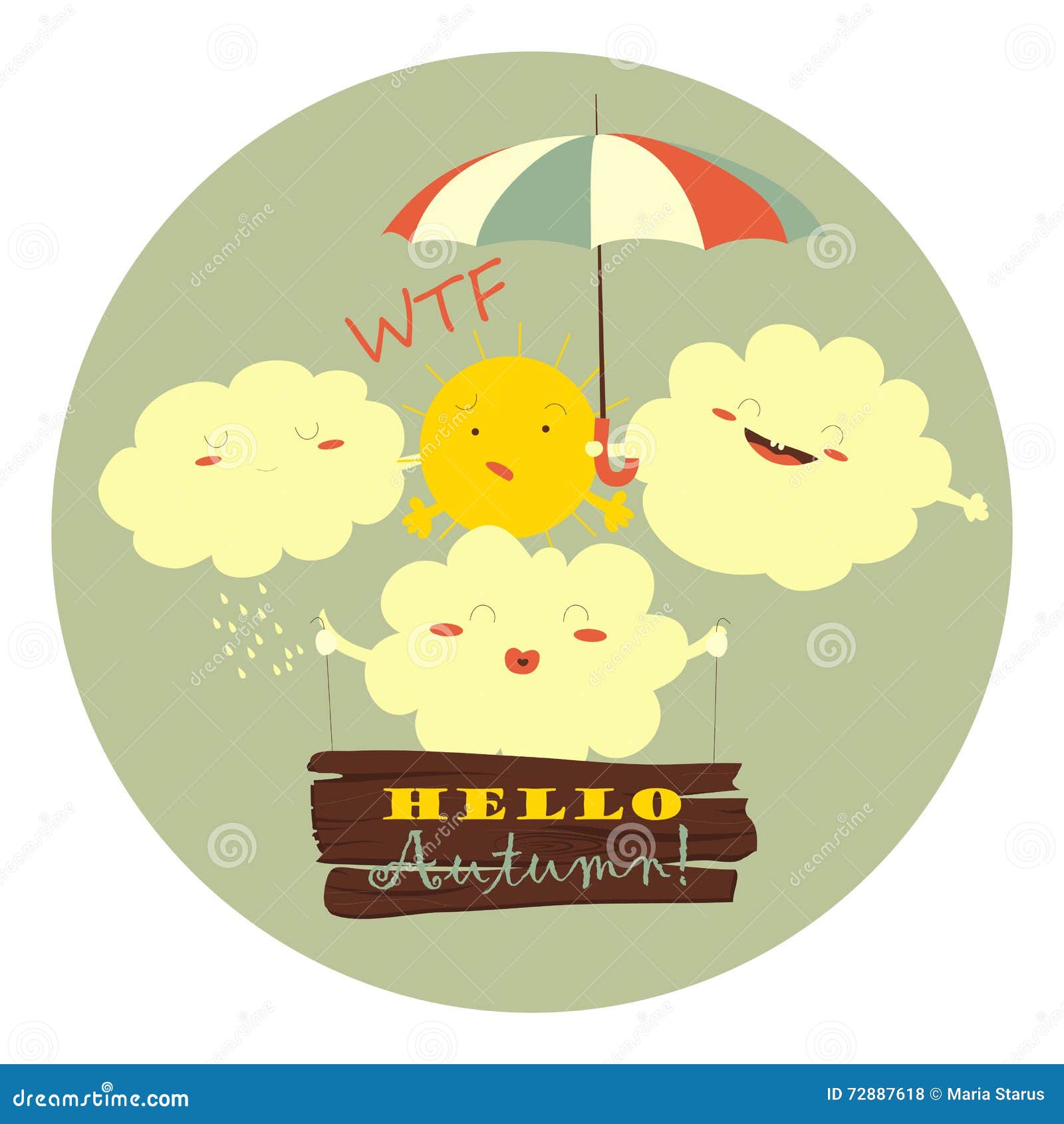 Funny clouds hugging sun stock vector. Illustration of leaves - 72887618