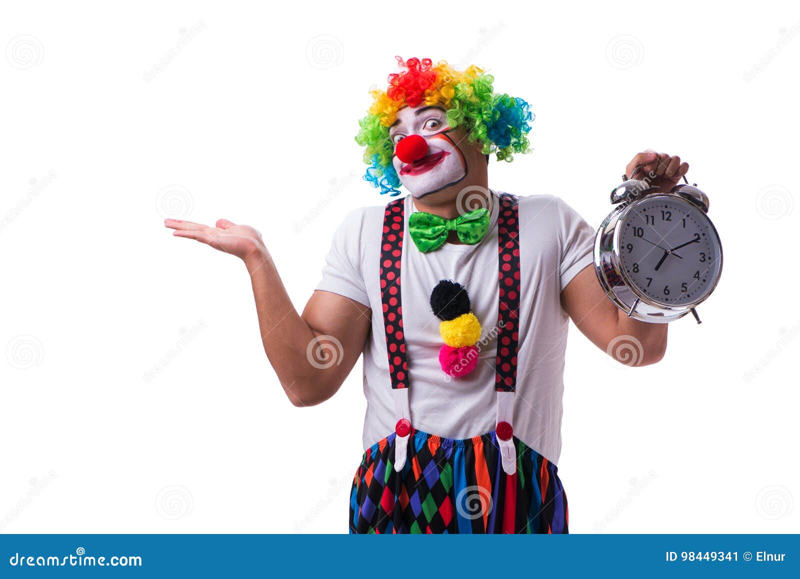 The Funny Clown with an Alarm Clock Isolated on White Background Stock ...