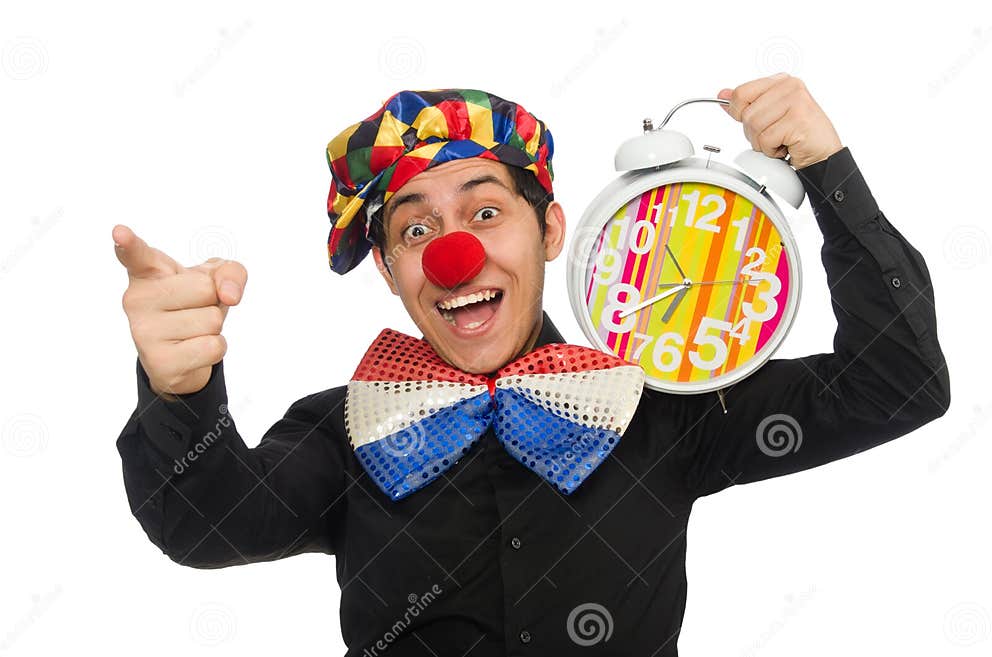 The Funny Clown with Clock Isolated on White Stock Image - Image of ...
