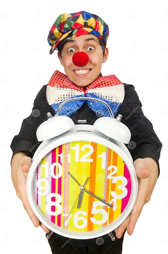 The Funny Clown with Clock Isolated on White Stock Photo - Image of ...