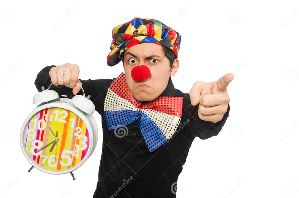The Funny Clown with Clock Isolated on White Stock Image - Image of ...