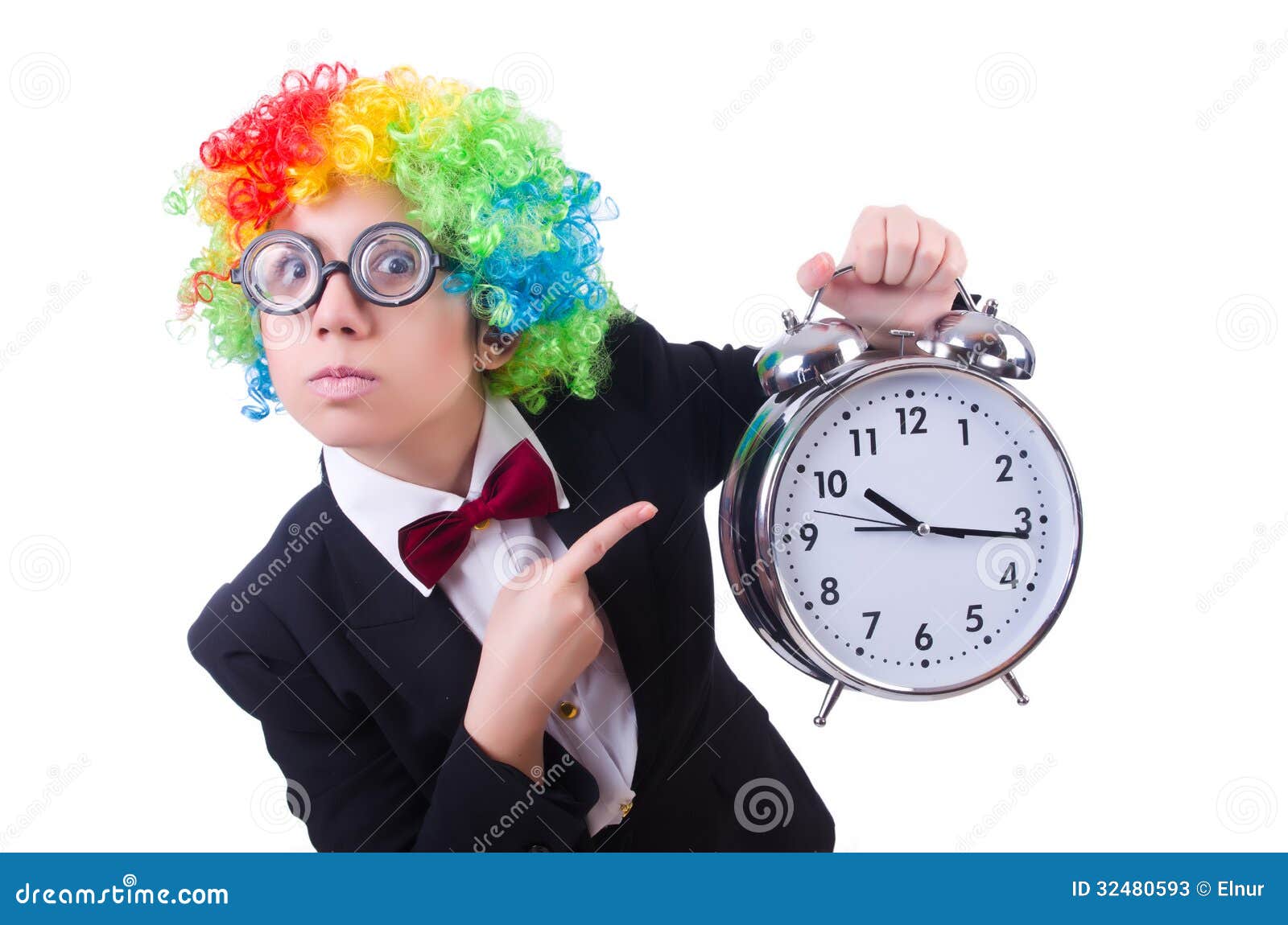 Funny clown with clock stock image. Image of business - 32480593