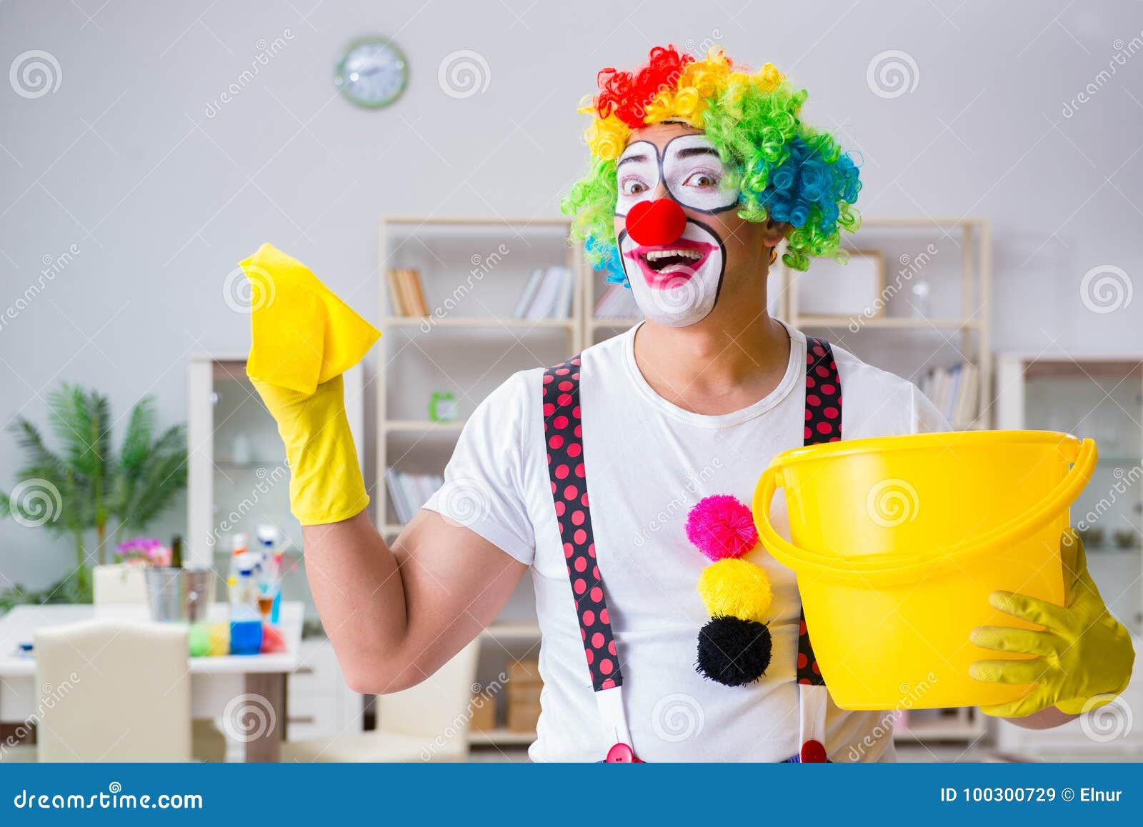 The Funny Clown Doing Cleaning at Home Stock Image - Image of bucket ...
