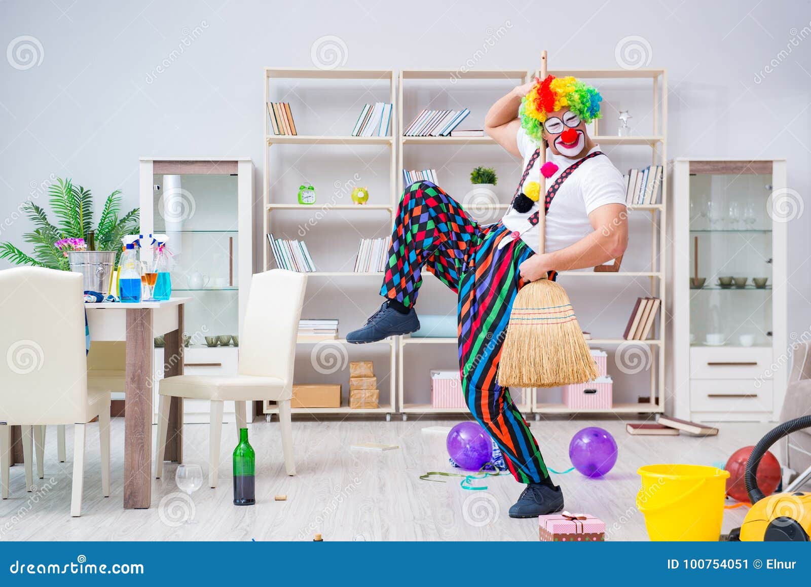 The Funny Clown Doing Cleaning at Home Stock Image - Image of broom ...