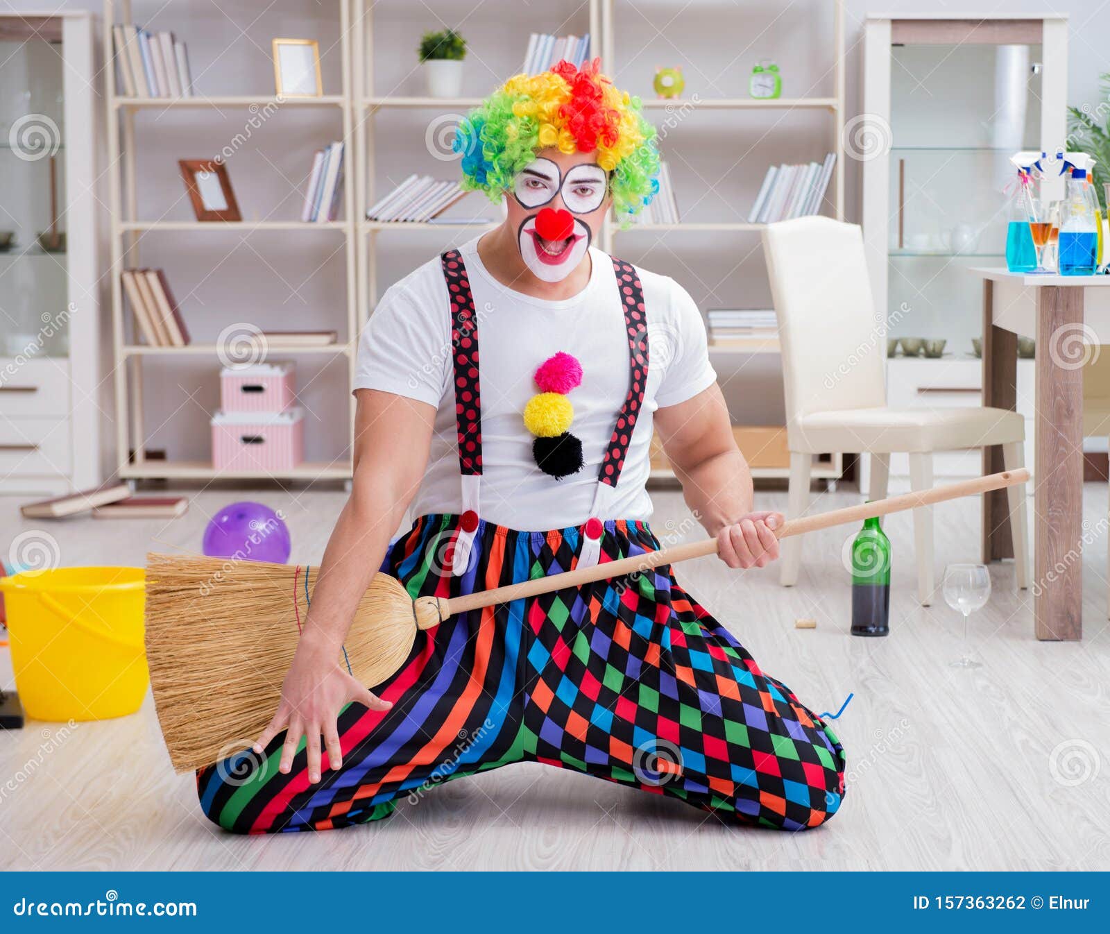 Funny Clown Doing Cleaning at Home Stock Photo - Image of fool, clown ...