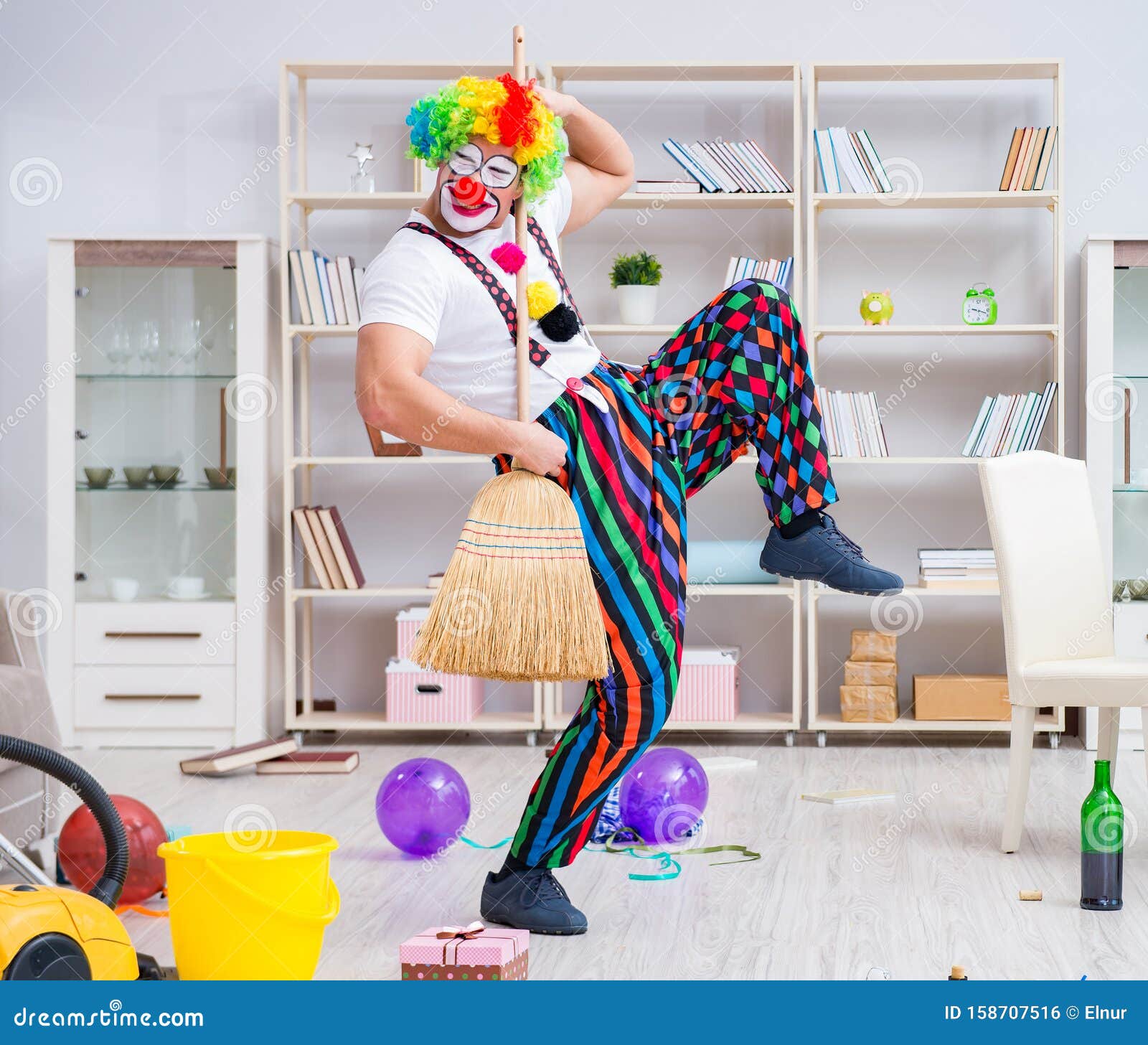 Funny Clown Doing Cleaning at Home Stock Photo - Image of comedy ...