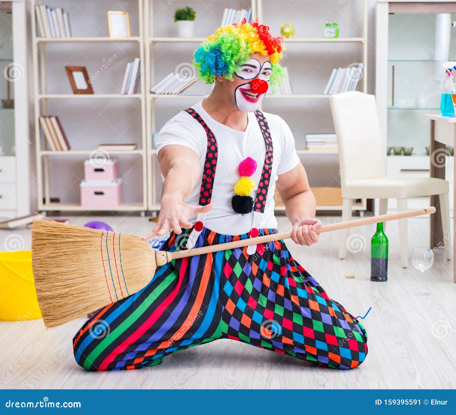 Funny Clown Doing Cleaning at Home Stock Image - Image of circus, humor ...