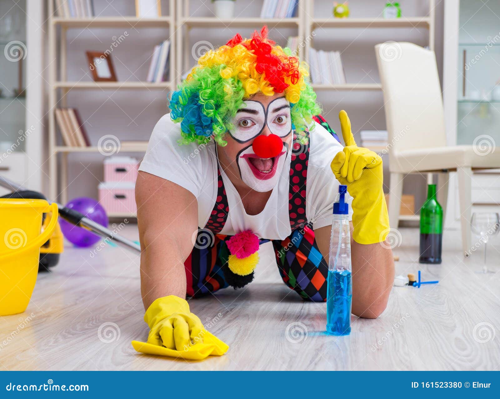 Funny Clown Doing Cleaning at Home Stock Photo - Image of costume, home ...