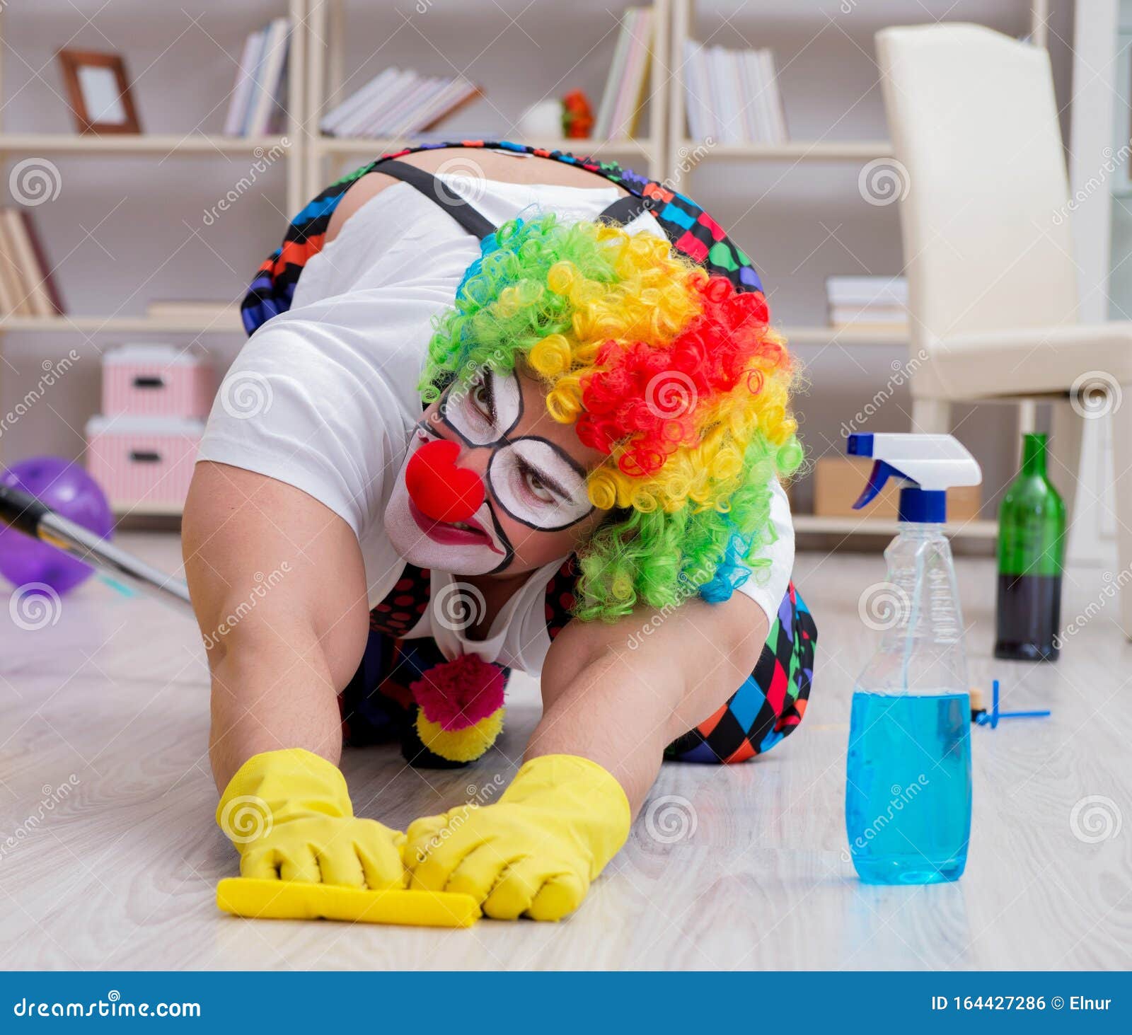 Funny Clown Doing Cleaning at Home Stock Photo - Image of brush ...