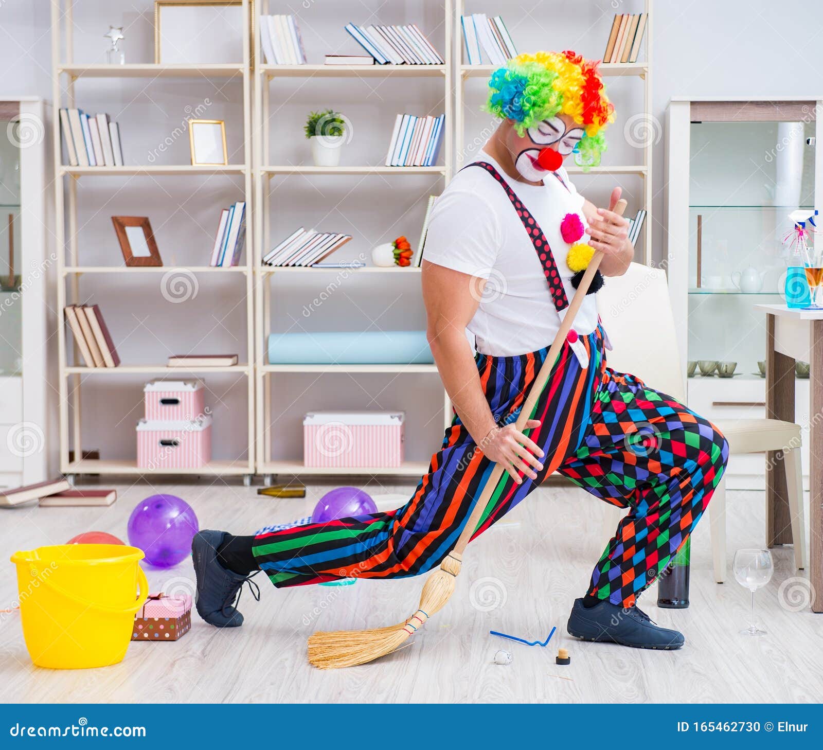 Funny Clown Doing Cleaning at Home Stock Photo - Image of home ...