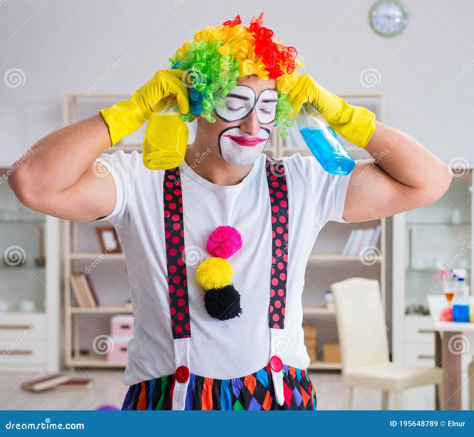The Funny Clown Doing Cleaning at Home Stock Image - Image of comedy ...