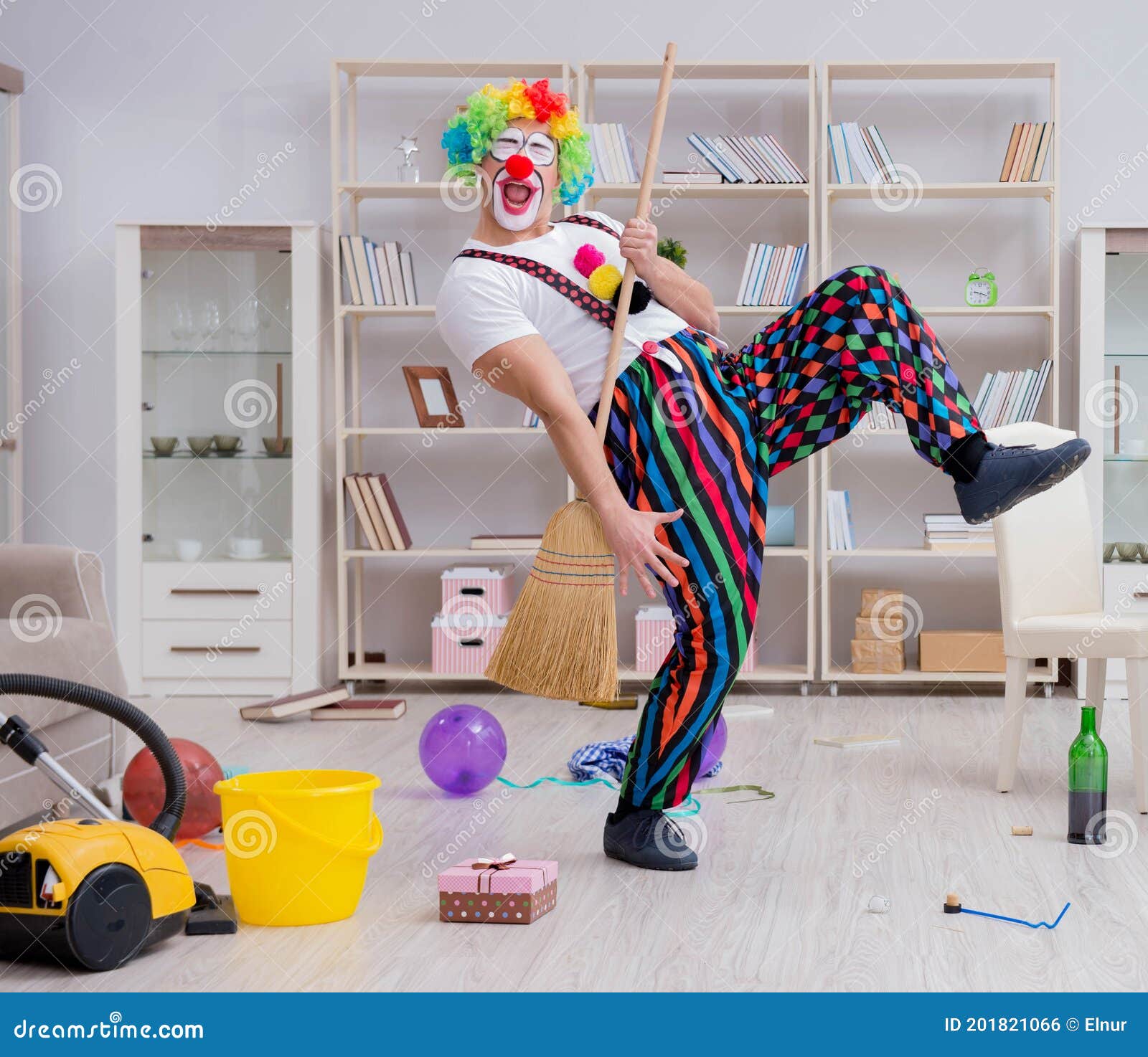 Funny Clown Doing Cleaning at Home Stock Photo - Image of dusty ...