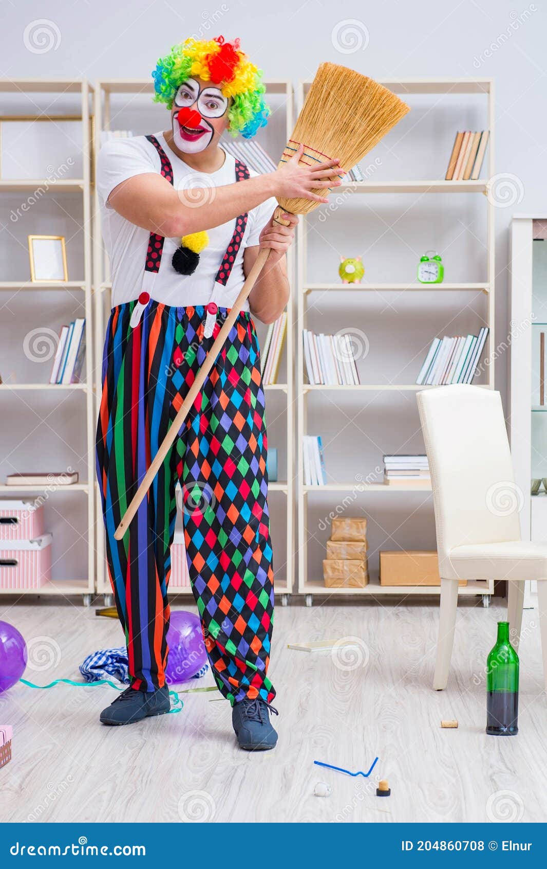 Funny Clown Doing Cleaning at Home Stock Photo - Image of circus ...