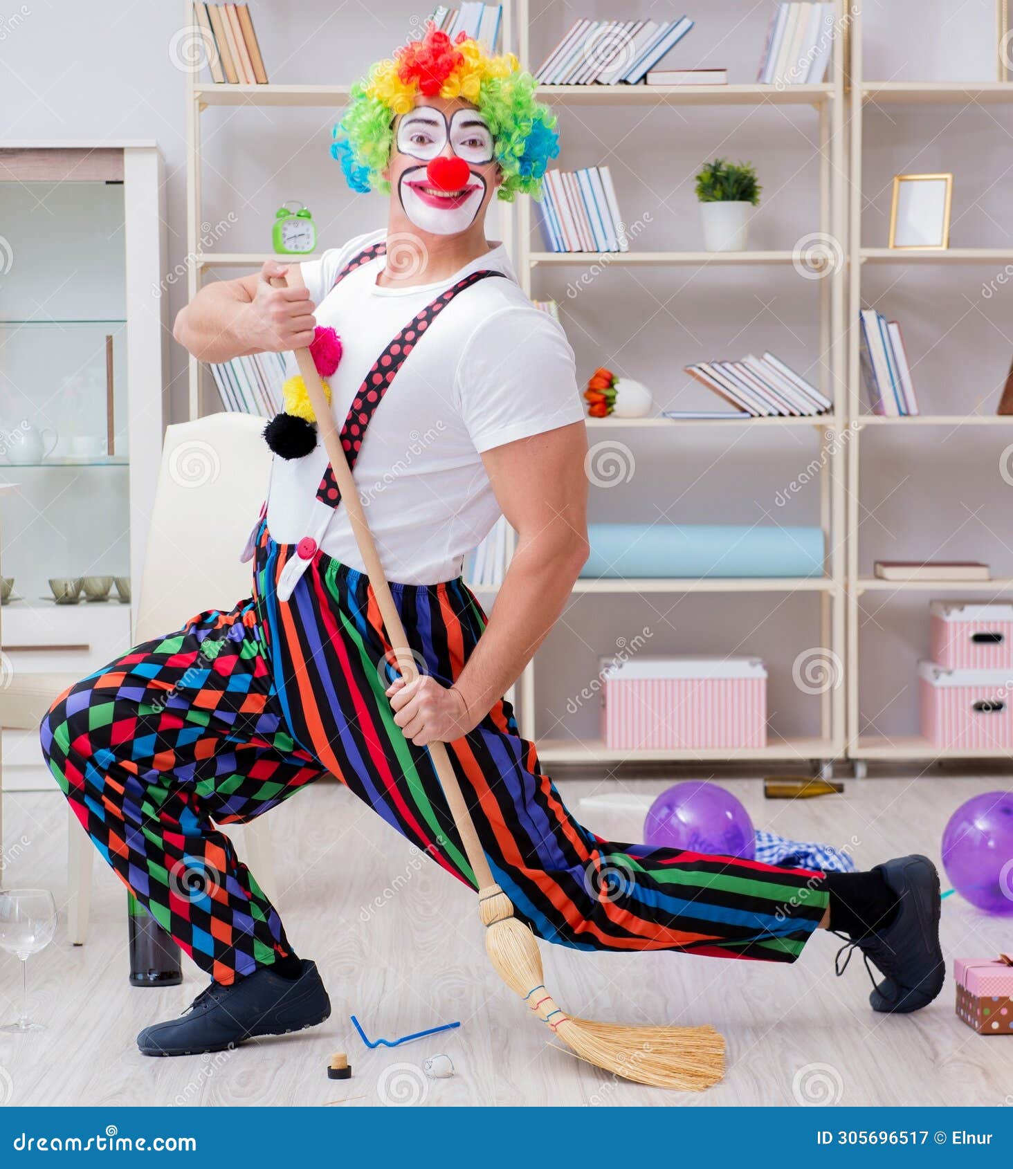 Funny Clown Doing Cleaning at Home Stock Image - Image of broomstick ...